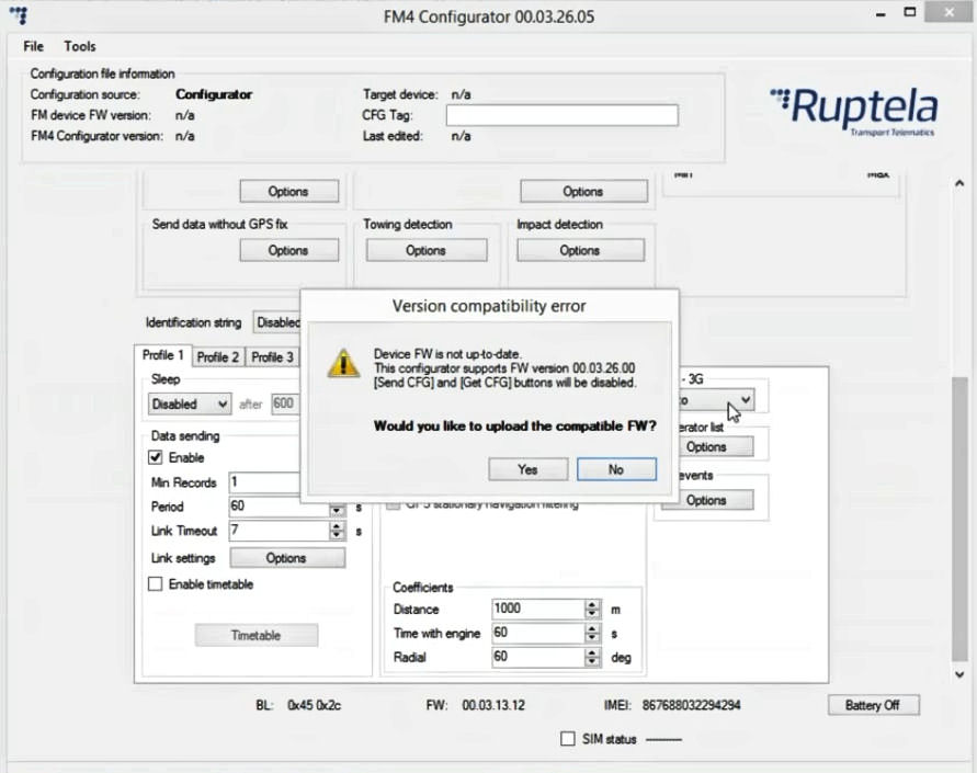 Configuración de equipo Ruptela – Finder AVL