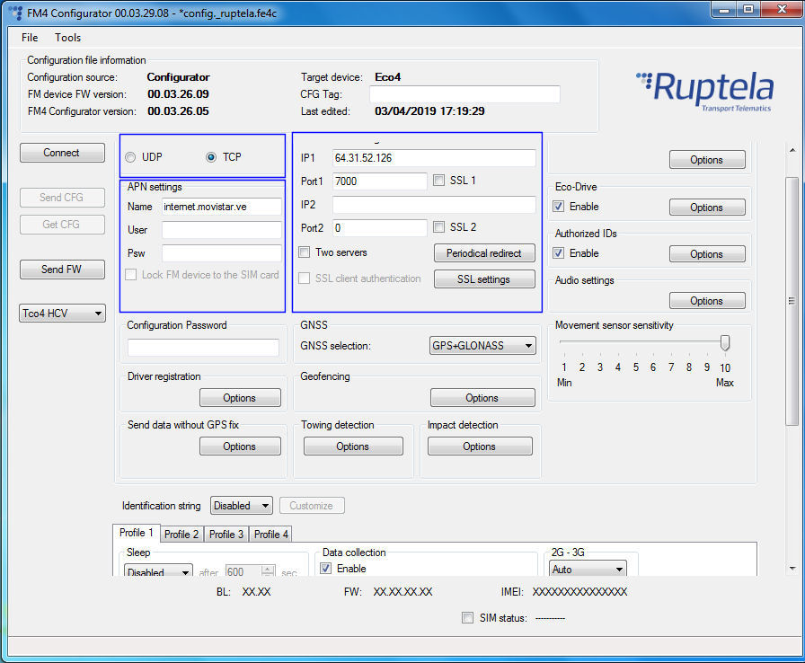 Configuración de equipo Ruptela – Finder AVL